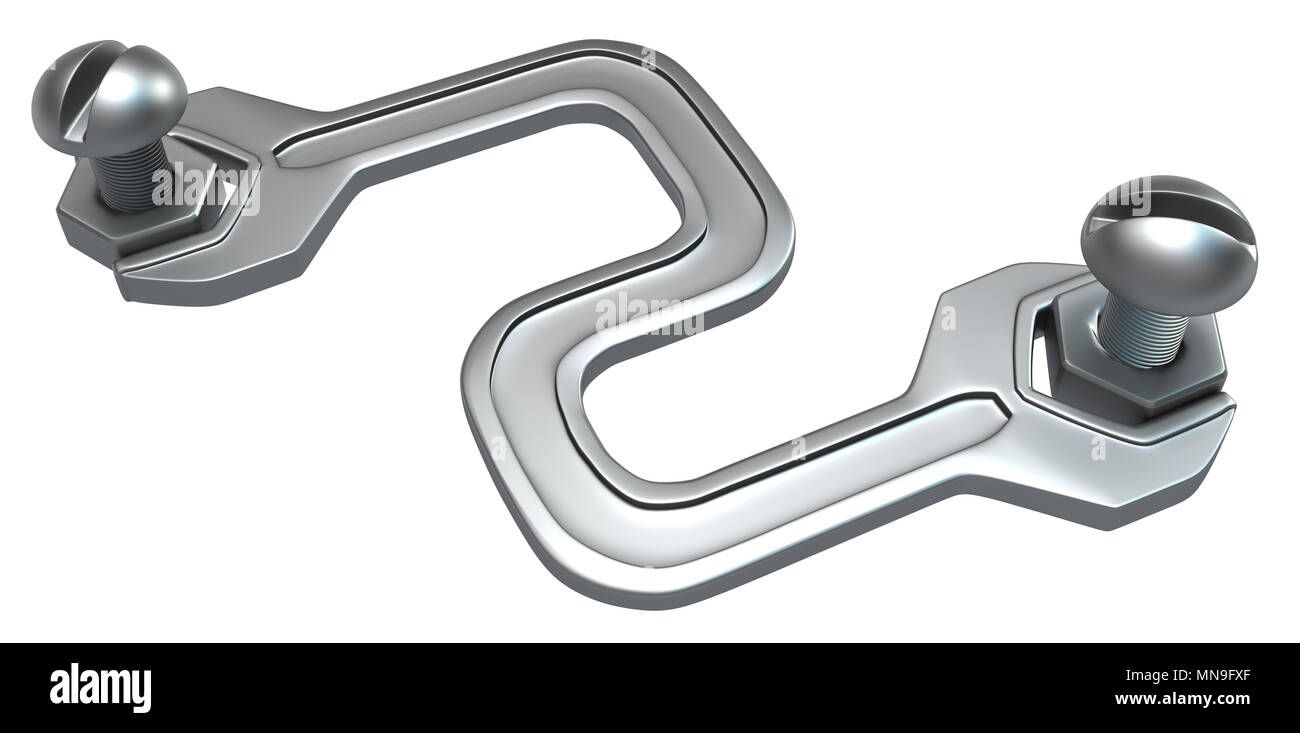Metal spanner double curve bend with bolts isolated, 3d illustration ...
