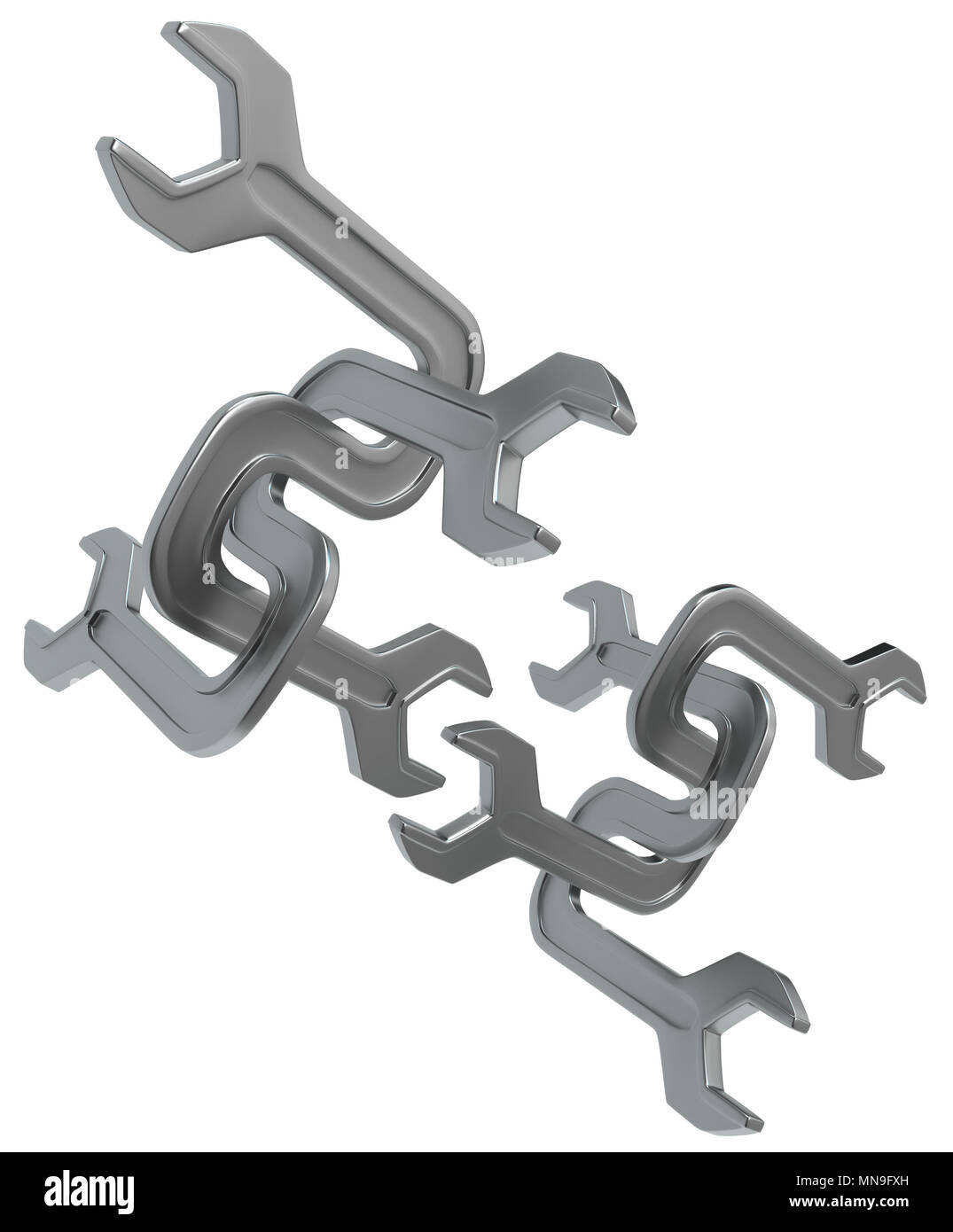 Metal spanners double curve bend isolated, 3d illustration, horizontal ...