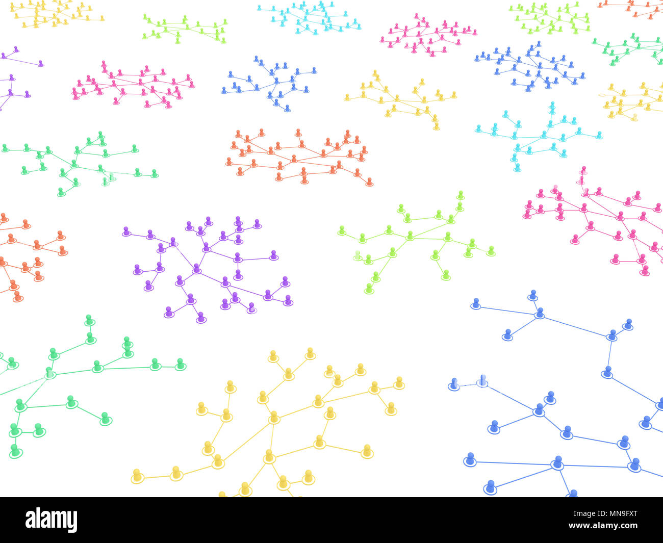 Crowd of small symbolic 3d figures linked by lines, many color mixed ...