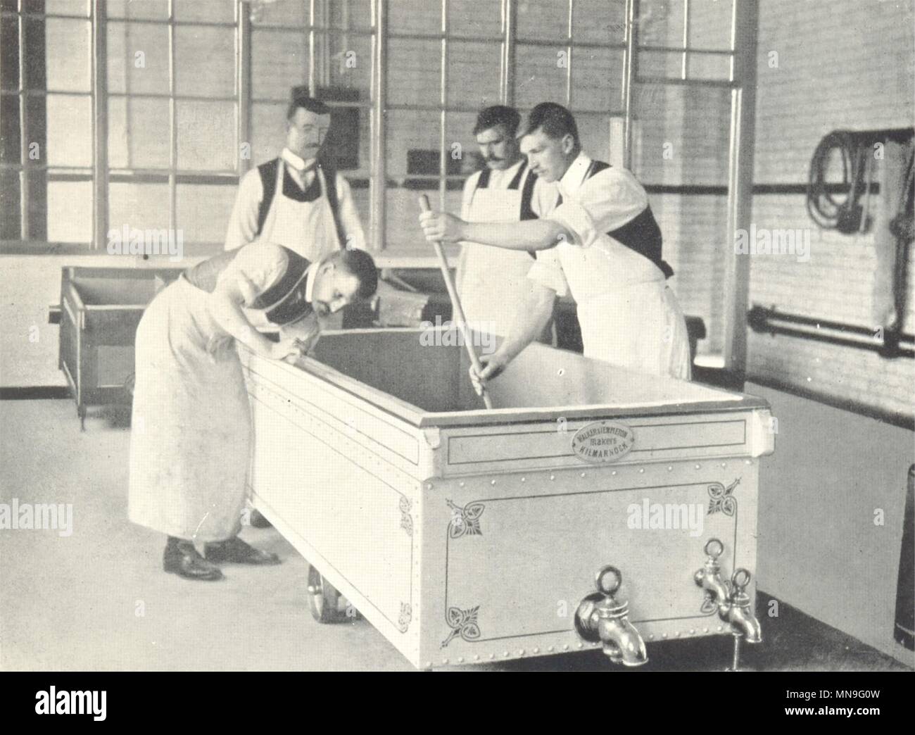 CHEDDAR CHEESE MAKING. Stirring the Curd in the Whey 1912 old antique ...