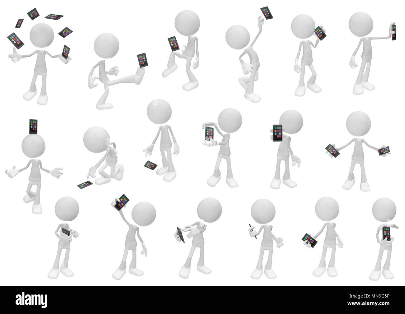 White symbolic figures action pose sequence, with smartphone, 3d ...
