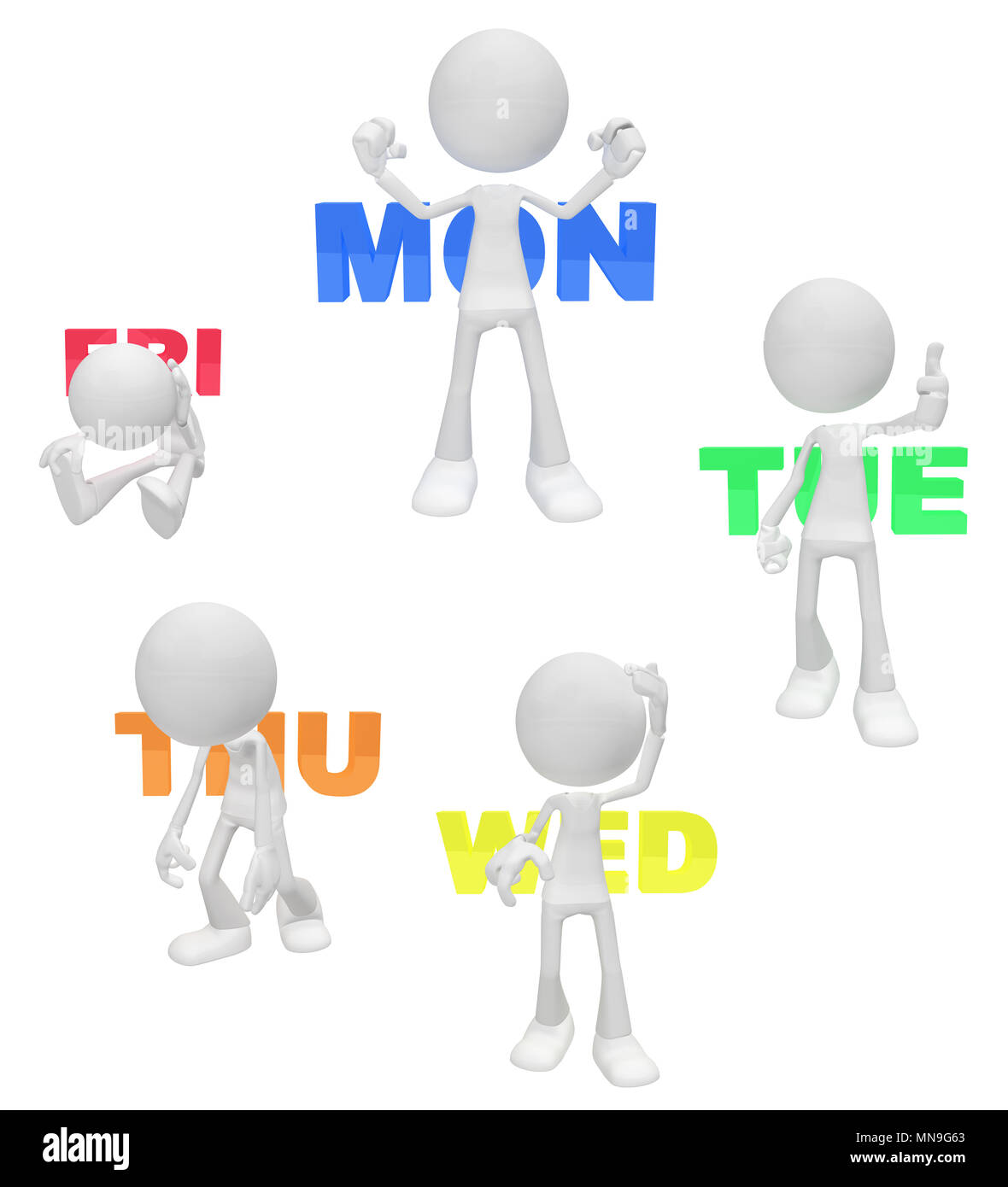 White symbolic figures active poses set, weekdays work exhausted, 3d ...