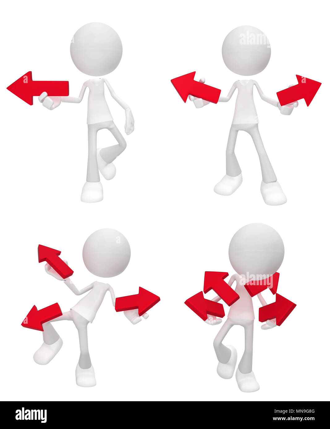 White symbolic figures standing with small red arrow symbols, 3d ...