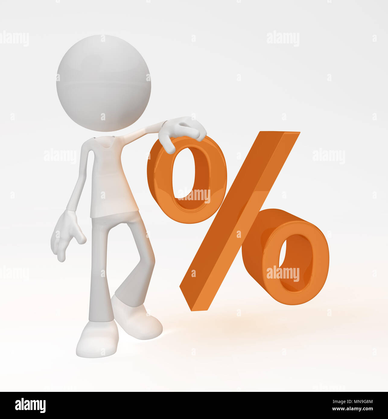 White symbolic figure standing with orange percent symbol, 3d ...