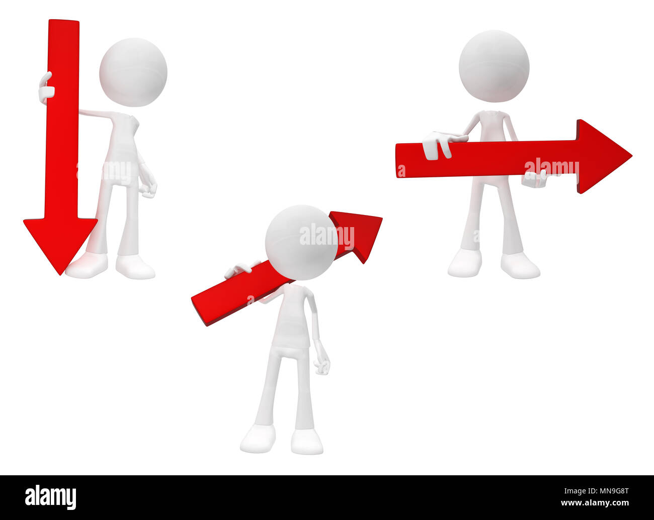White symbolic figures standing with red arrow symbols, 3d illustration ...