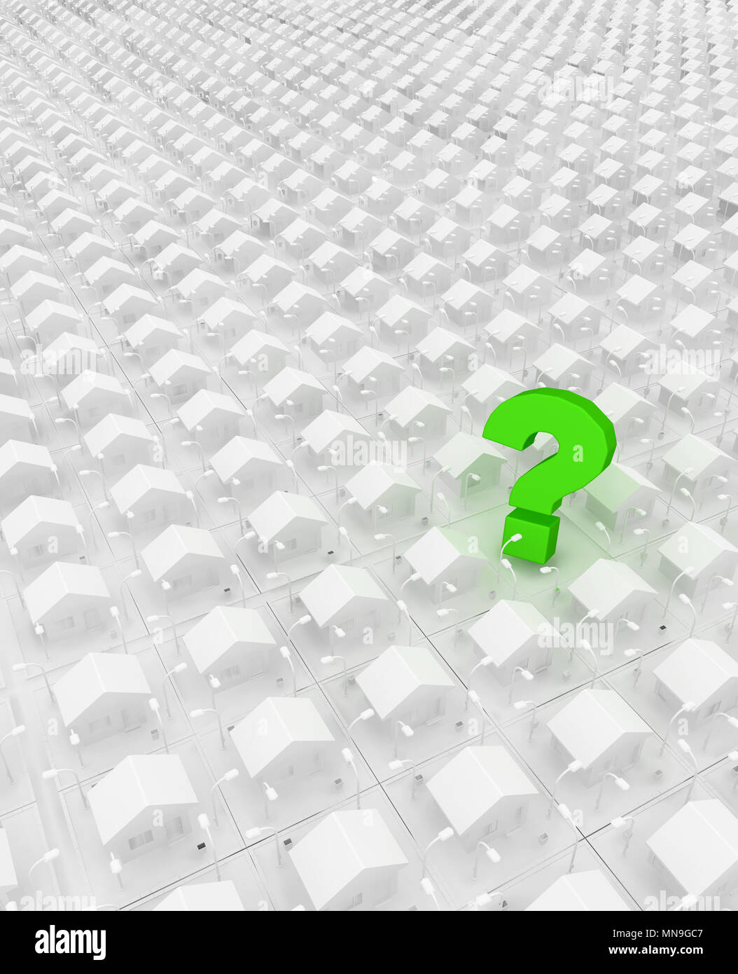 Small white houses many grid, question mark 3d illustration, vertical ...