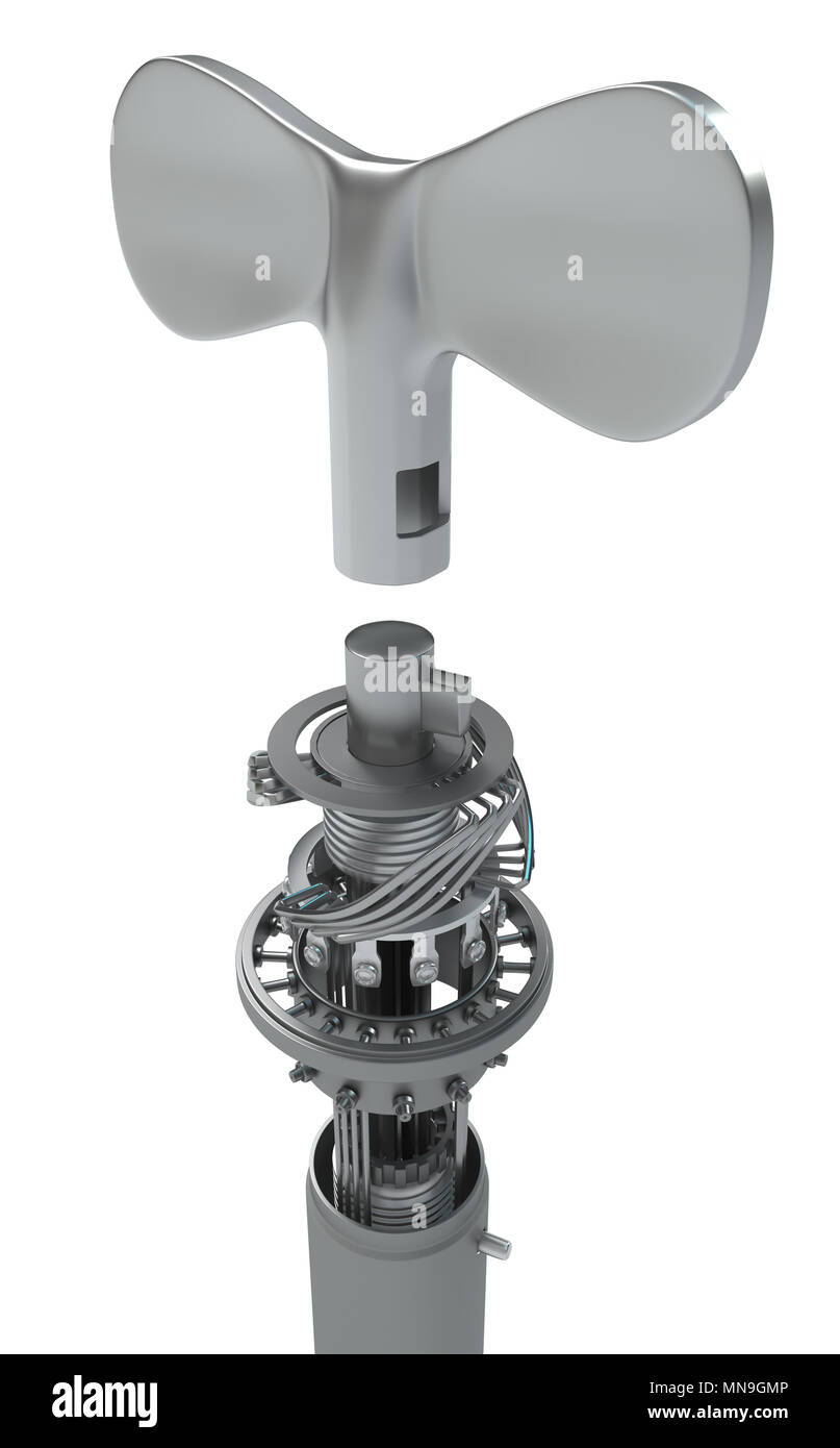 Winding key mechanism grey metal 3d illustration, isolated, vertical ...