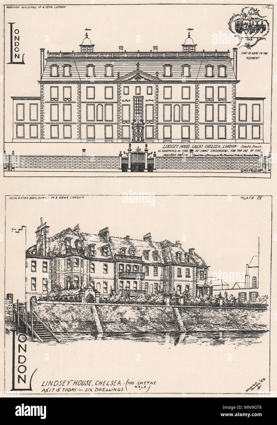 CHELSEA. Lindsey House, 100 Cheyne Walk in 1752 & 1888. SMALL 1900 old ...