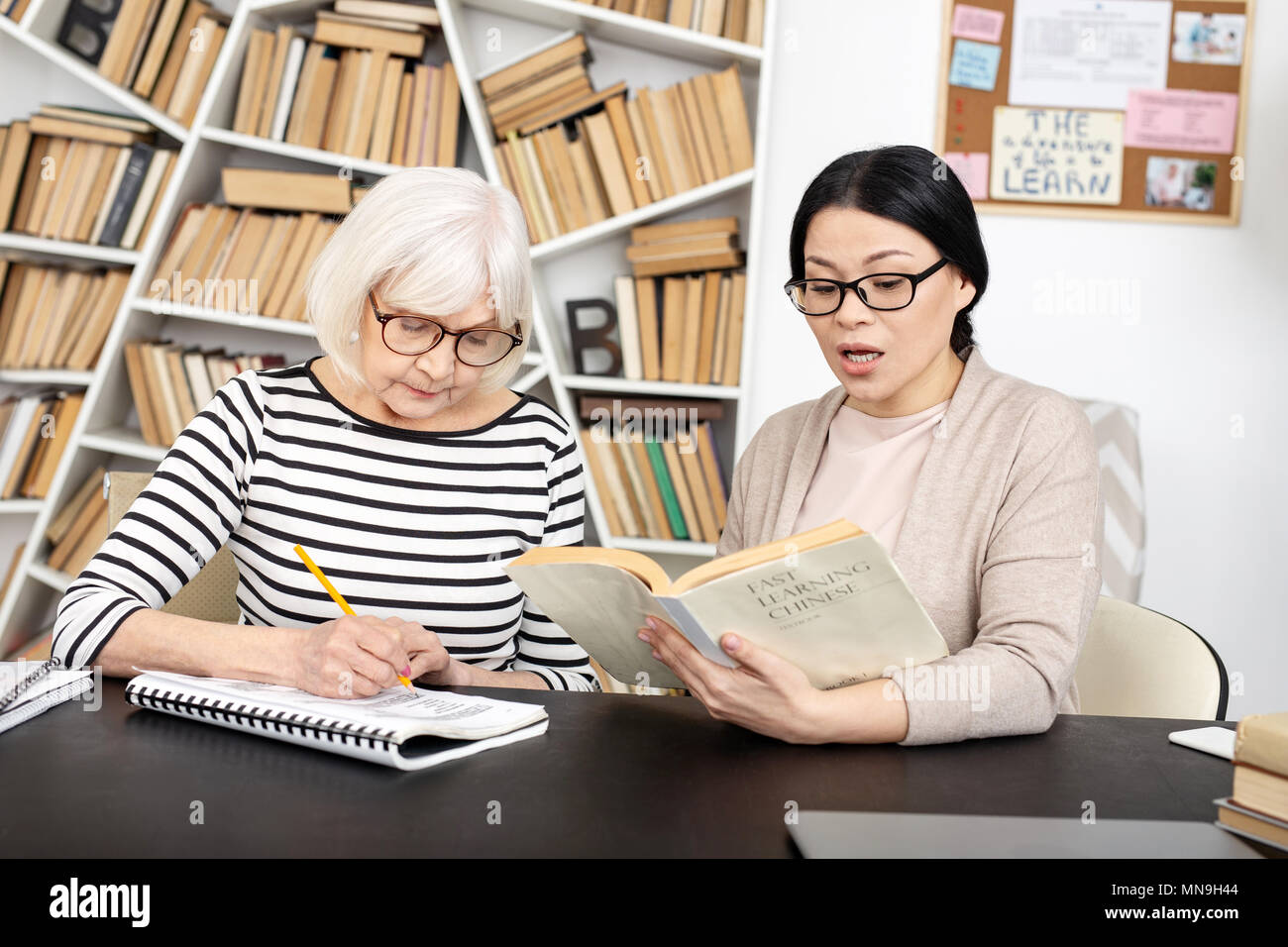 Successful tutor conducting lesson to senior woman Stock Photo - Alamy