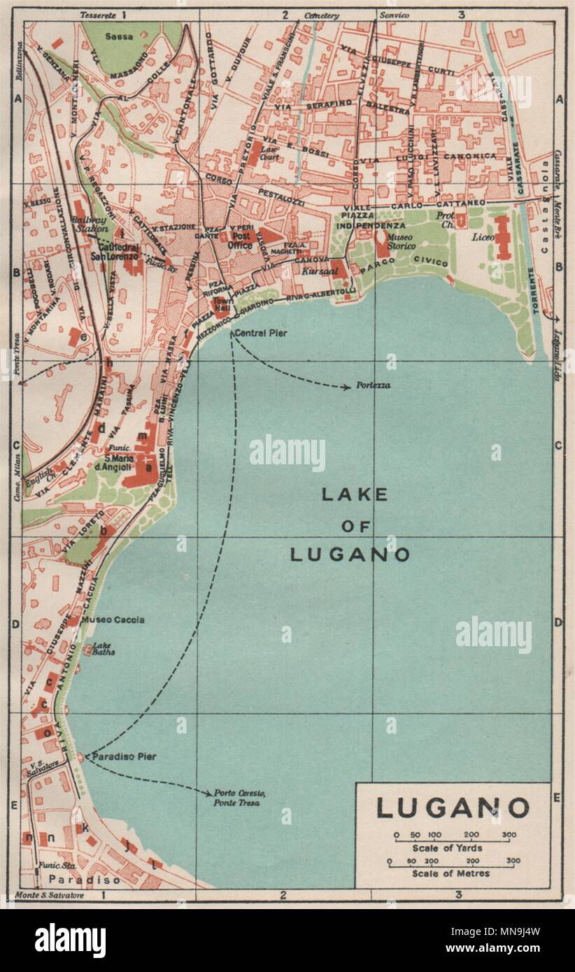 LUGANO. Vintage town city map plan. Switzerland 1930 old vintage chart ...