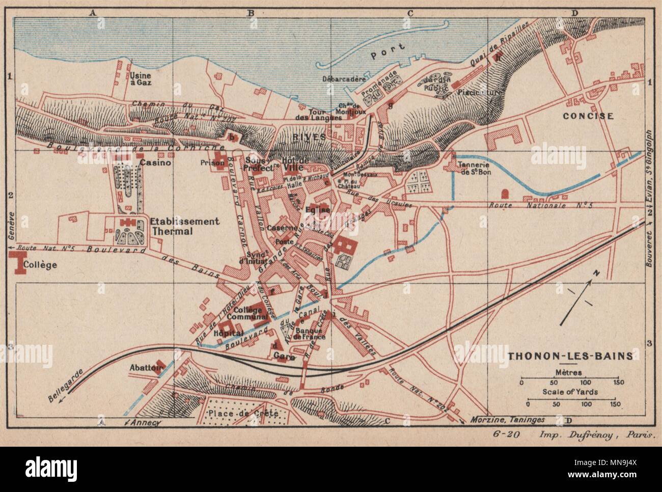 THONON-LES-BAINS. Vintage town city map plan. Haute-Savoie 1920 old ...