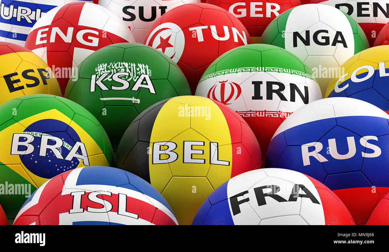 Soccer balls colored in different national flag colors - 3D rendering ...