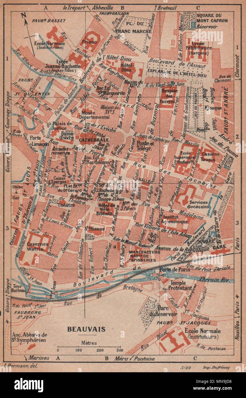 BEAUVAIS. Vintage town city ville map plan carte. Oise 1922 old vintage ...