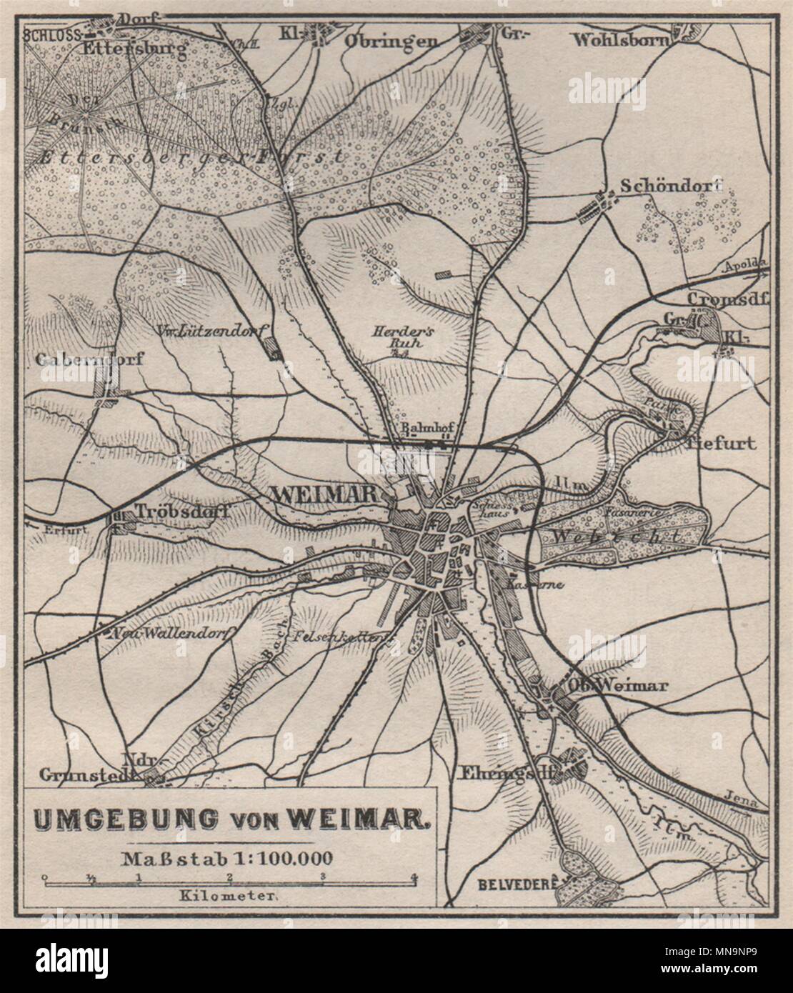 WEIMAR umgebung / environs. Thuringia karte. BAEDEKER. SMALL 1886 old ...
