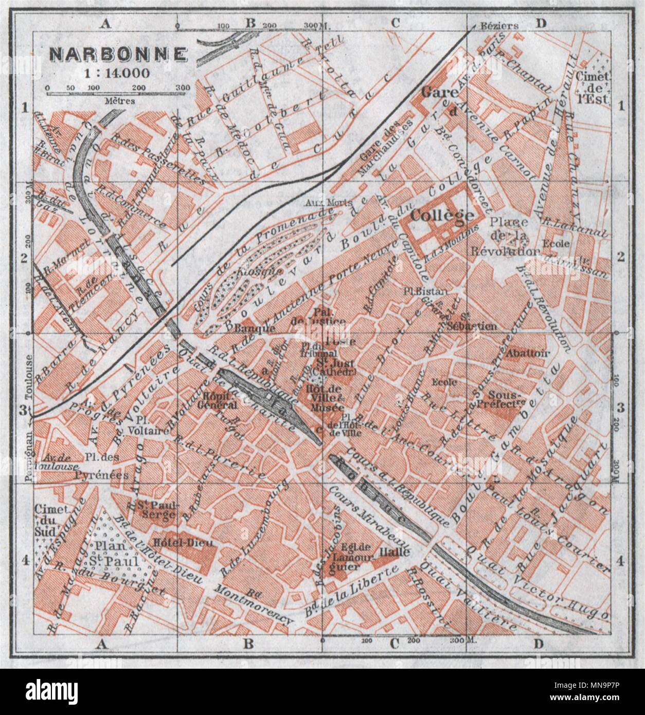 NARBONNE antique town city plan de la ville. Aude carte BAEDEKER. SMALL ...