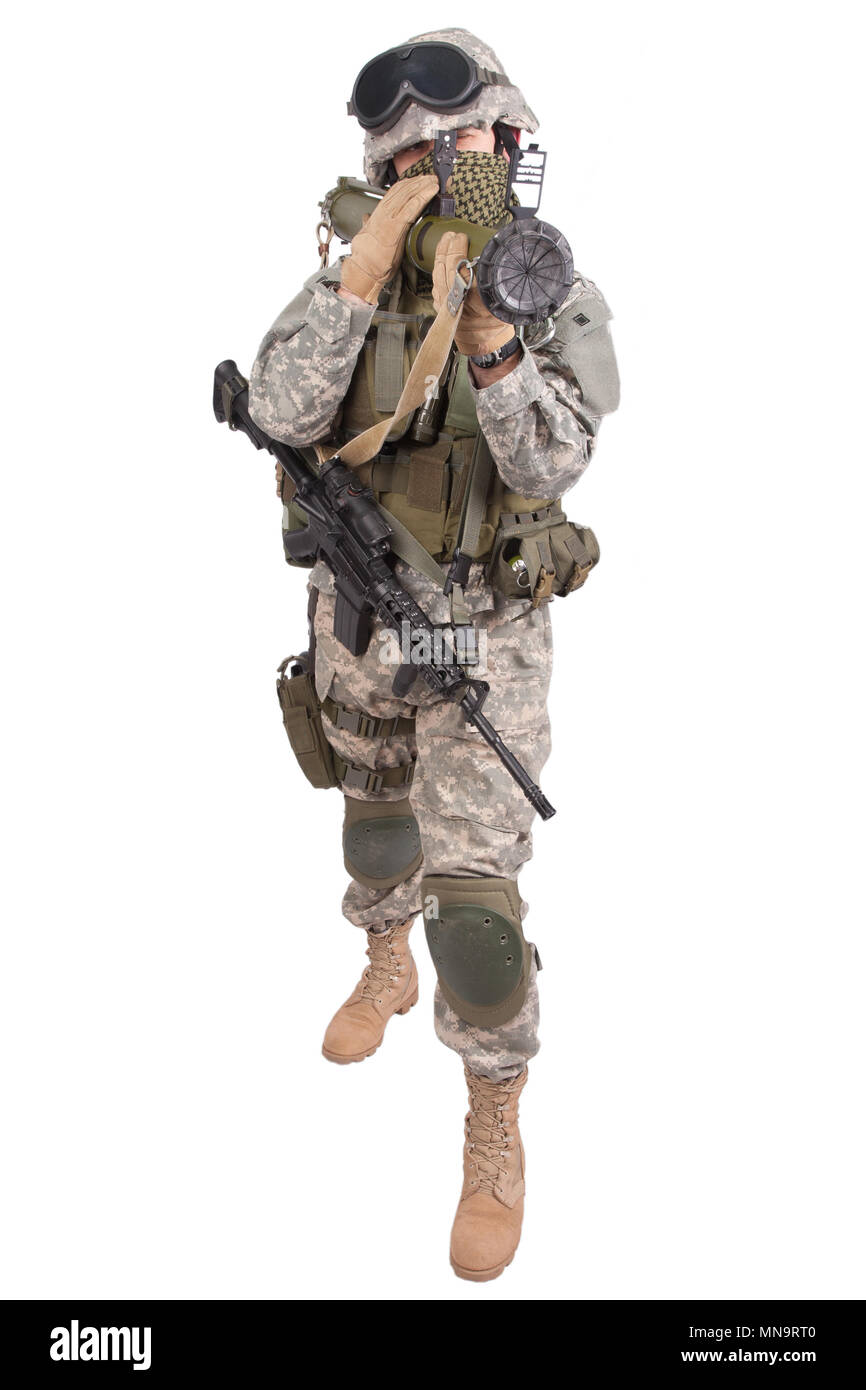 US soldier with anti-tank rocket launcher on white background Stock ...