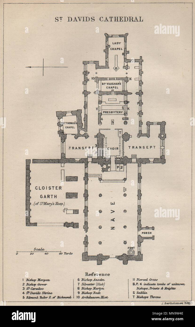 ST DAVIDS CATHEDRAL ground plan. Pembrokeshire. Wales. BARTHOLOMEW 1886 ...