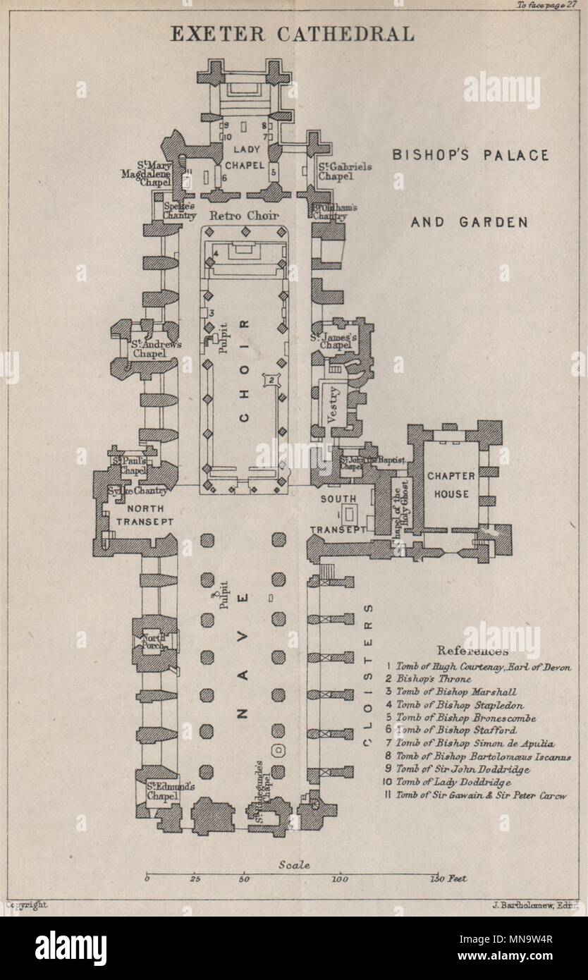 EXETER CATHEDRAL ground plan. Devon. BARTHOLOMEW 1892 old antique print ...