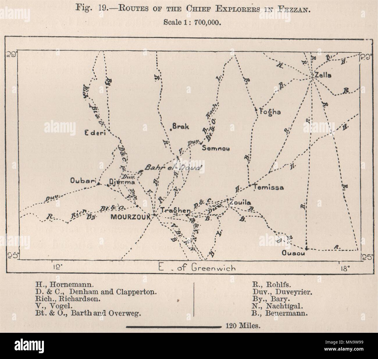 Routes of the chief explorers in Fezzan. Libya 1885 old antique map ...