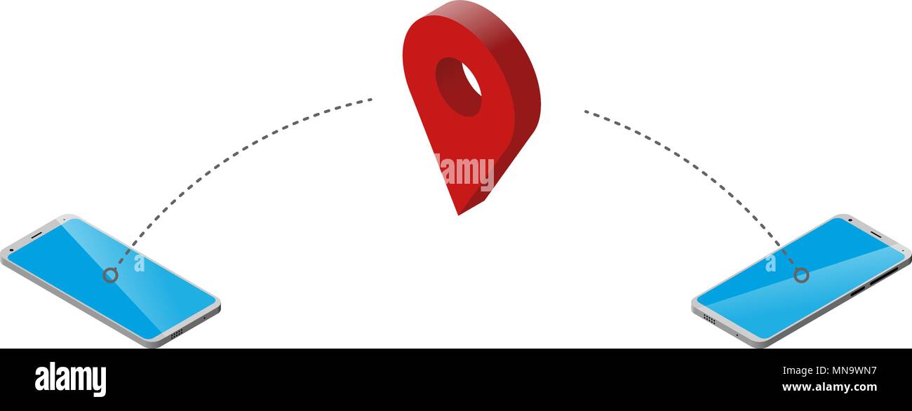 two smartphones and sign of location. isometry. white background ...