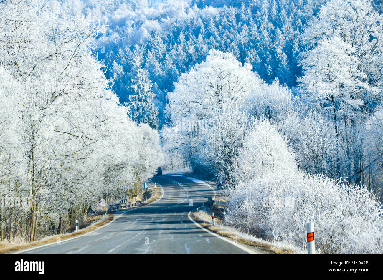 Winter Landscape with icy road. Aerial view trees background Travel ...