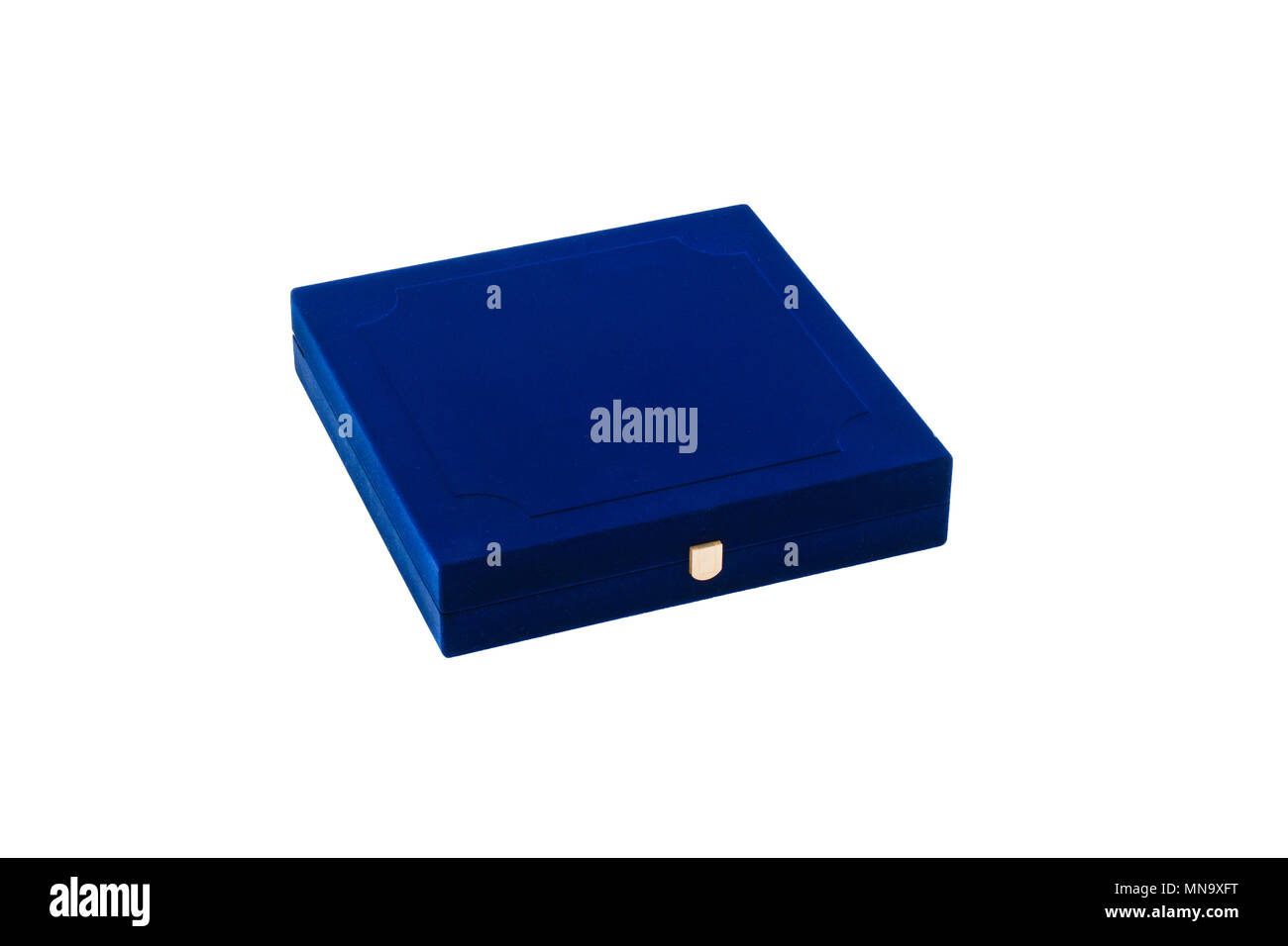 Closed dark blue velvet casket with golden lock isolated Stock Photo ...