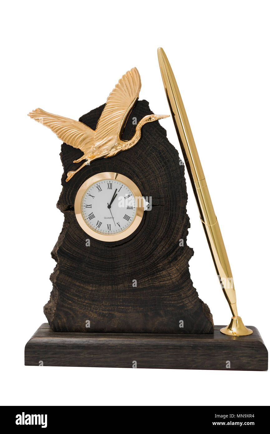 Clock made of wood on a white background Stock Photo - Alamy