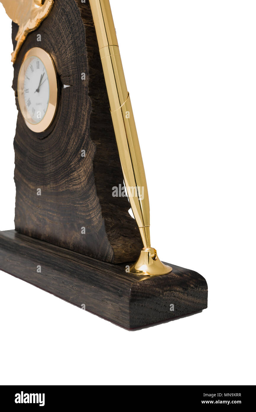 Clock made of wood on a white background Stock Photo - Alamy