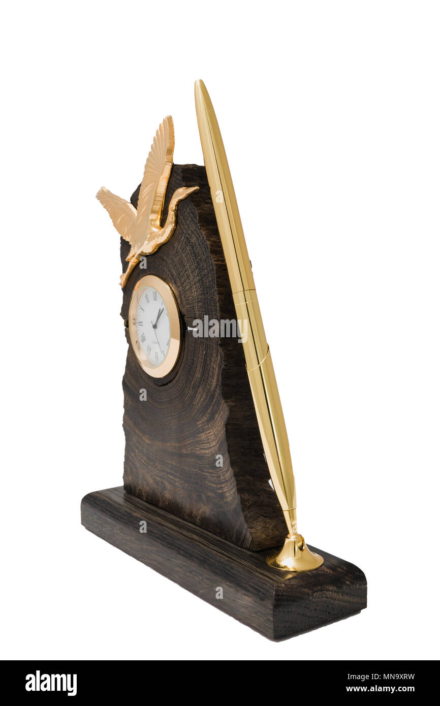 Clock made of wood on a white background Stock Photo - Alamy