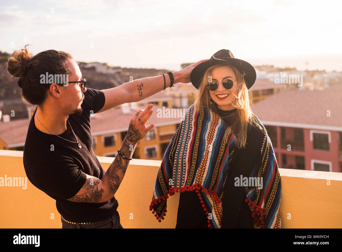 beautiful couple of model friends in relationship have fun on the ...