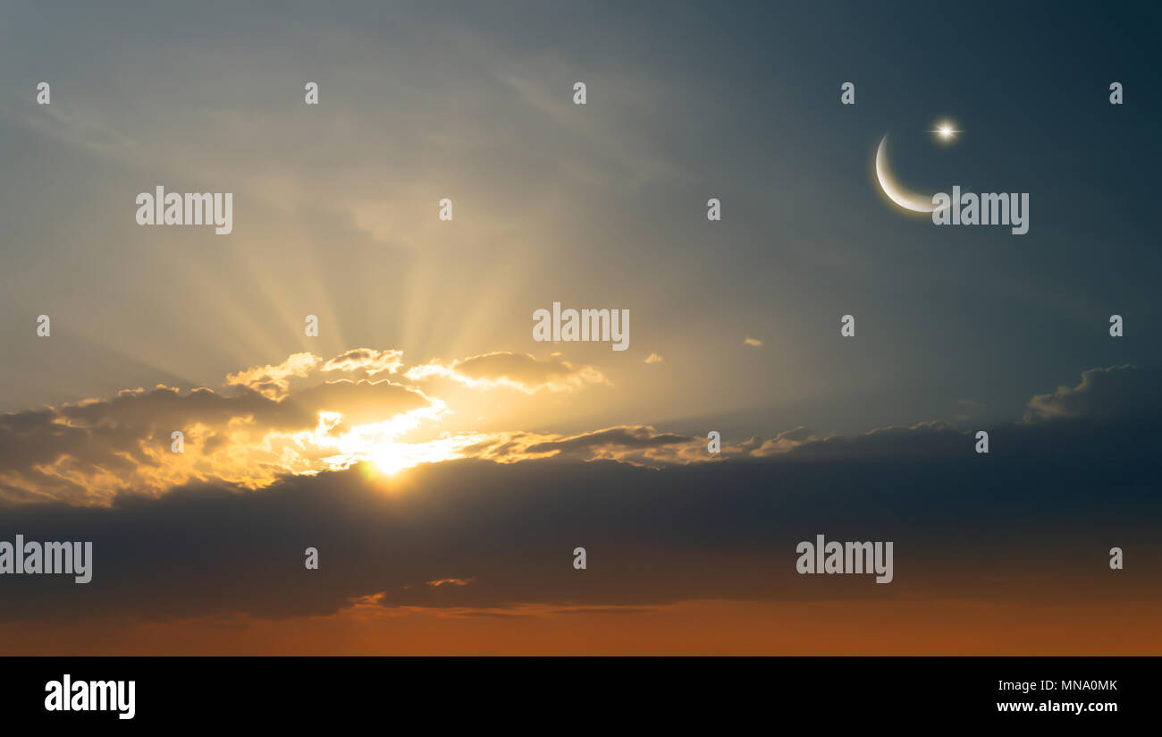 sunset sky with moon and star Stock Photo - Alamy