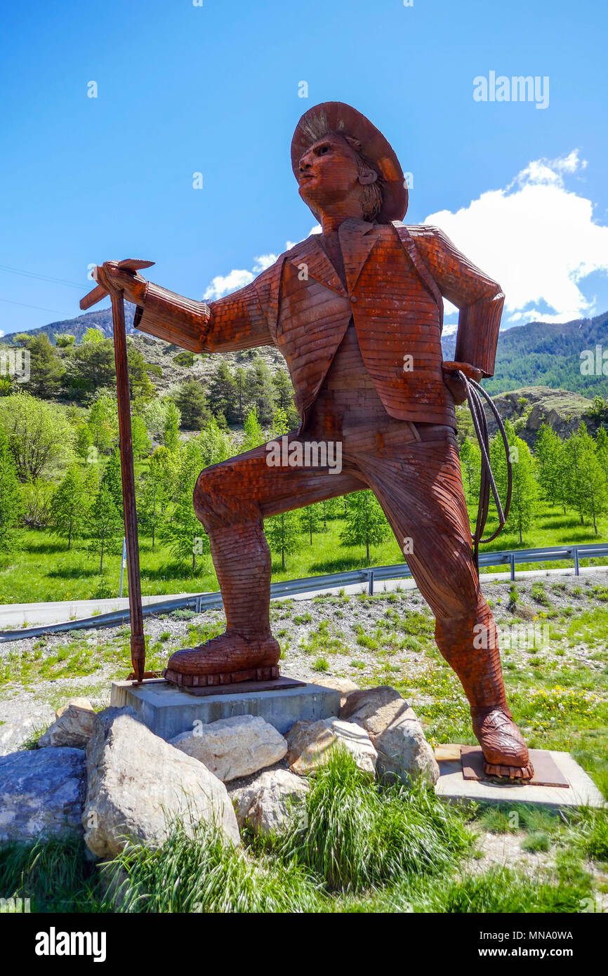 Iron statue of Edward Whymper, UK mountaineer, by artist Christian ...