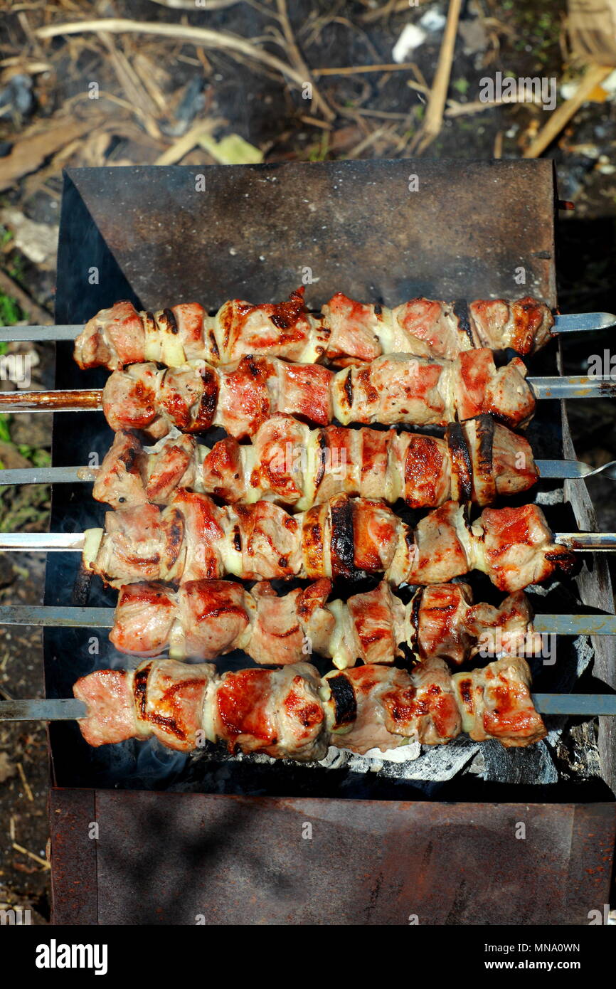 The view from the top. Juicy barbecue is prepared on the grill on a ...