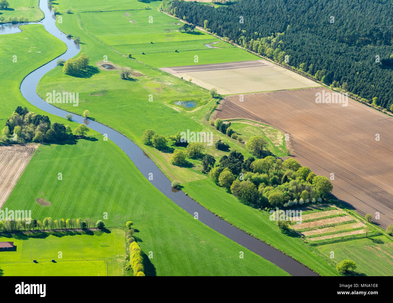 Aerial view,river Aller east of Celle, stream surrounded by meadows ...