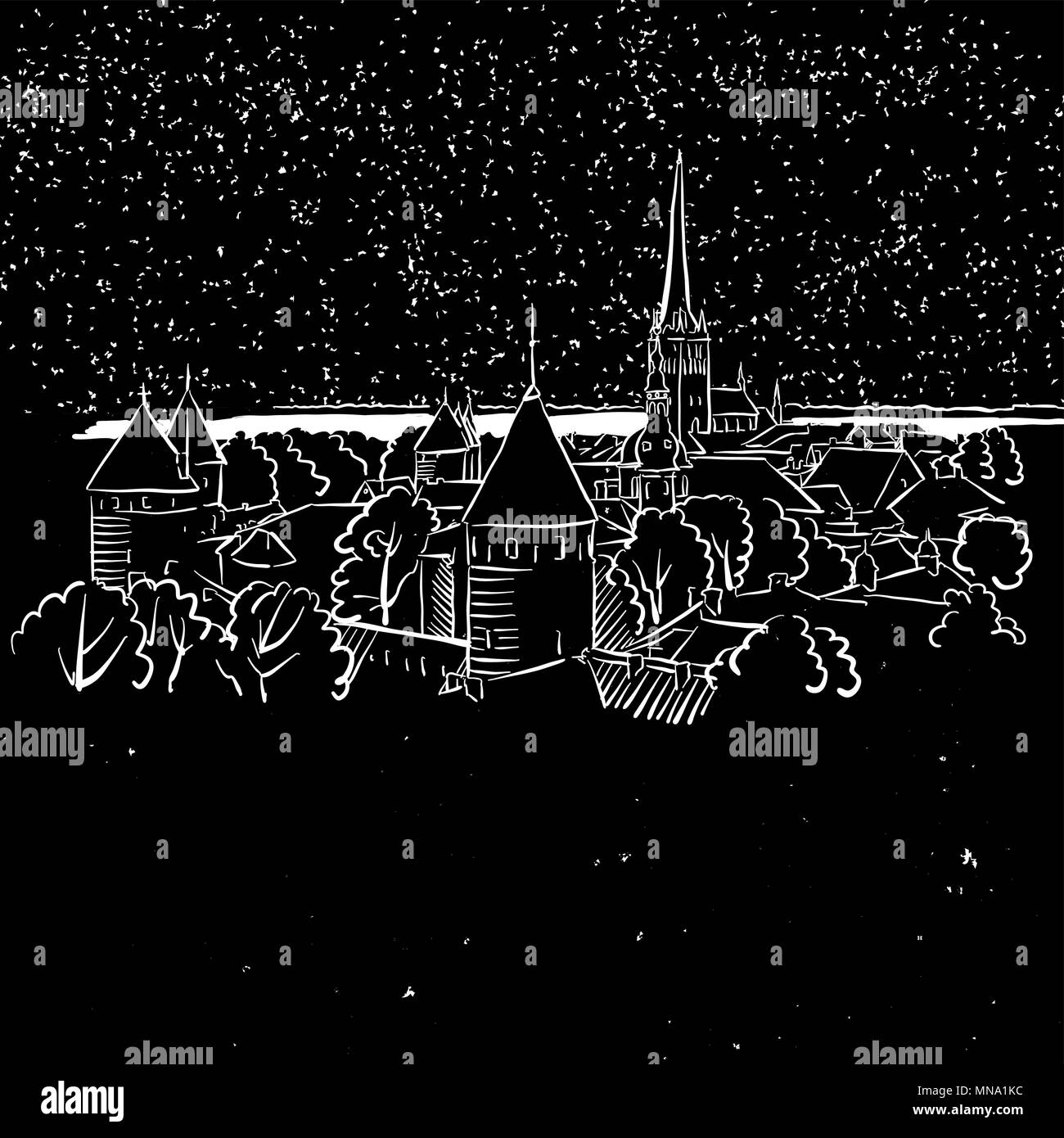 Riga at Night, Skyline Panorama Sketch, Hand-drawn Illustration Vector ...