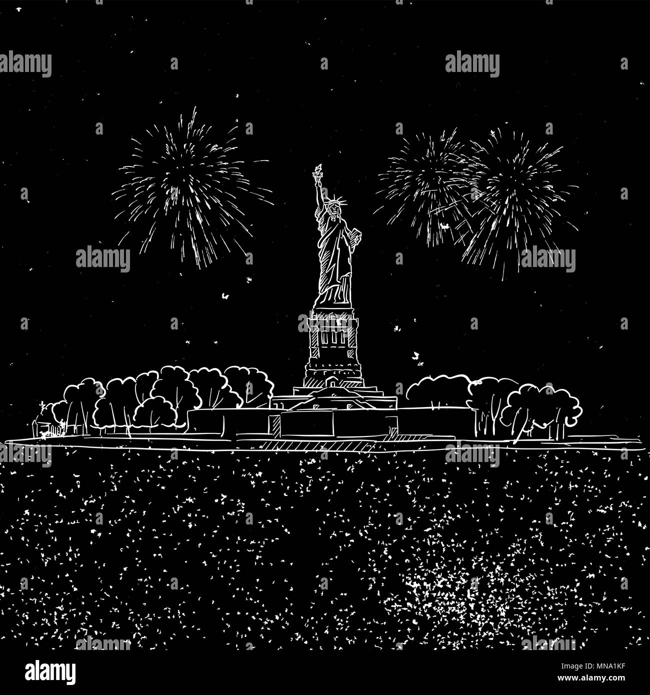 Lady Liberty by Night with Firework Sketch, Hand-drawn Illustration ...