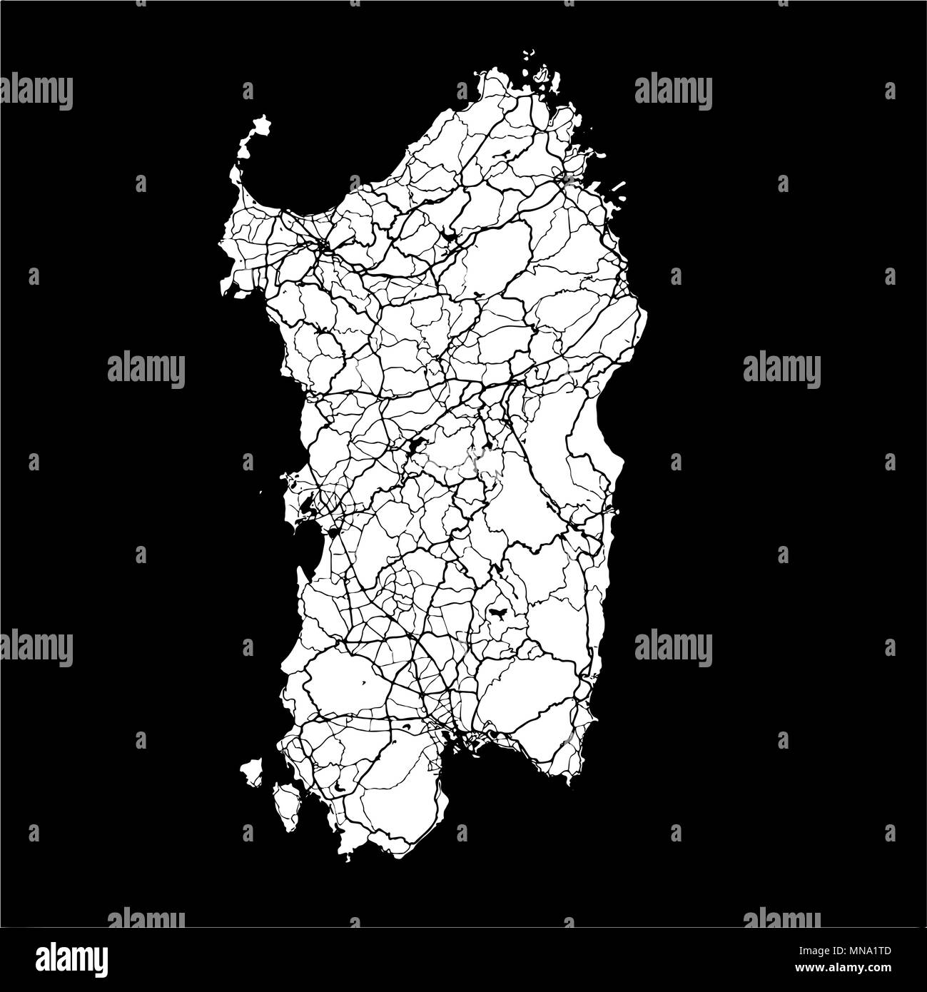Sardinia, Island, Italy, Monochrome Map Artprint, Vector Outline ...