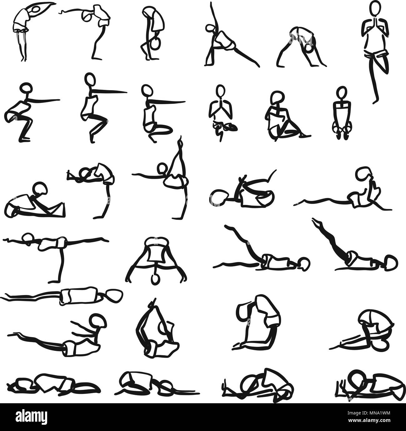 Stickmen hand drawn Yoga Poses, various sketches on white background ...