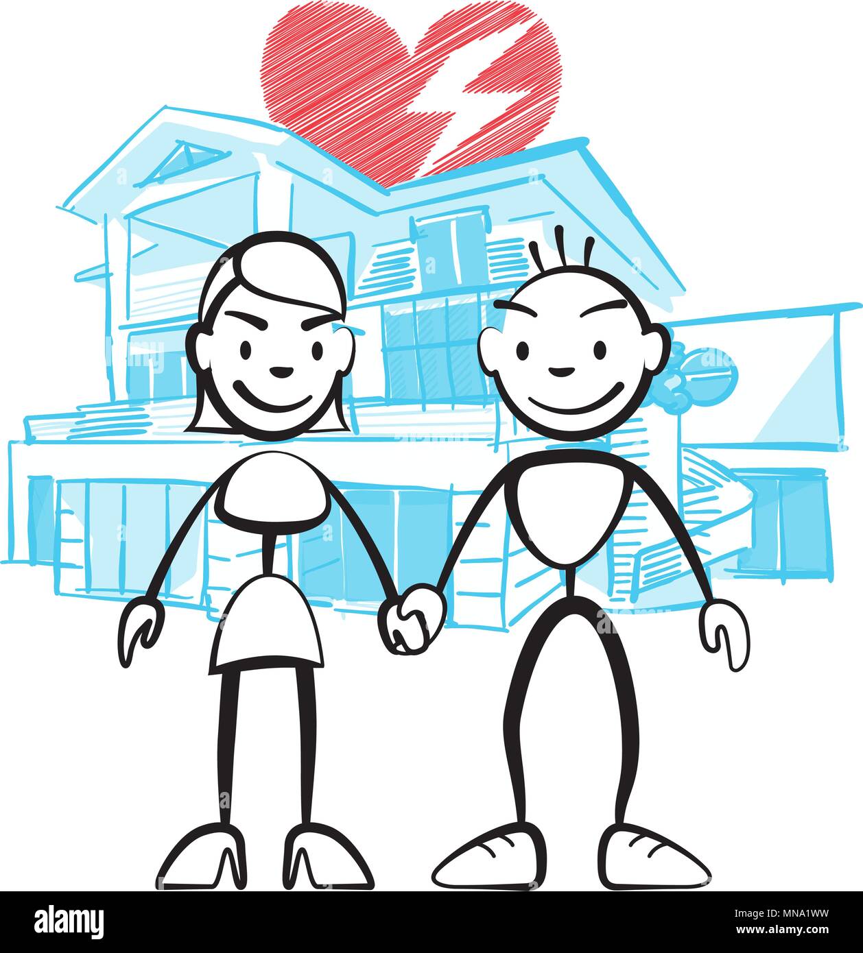 Couple brushing in front of dream house with worries, vector drawing on ...