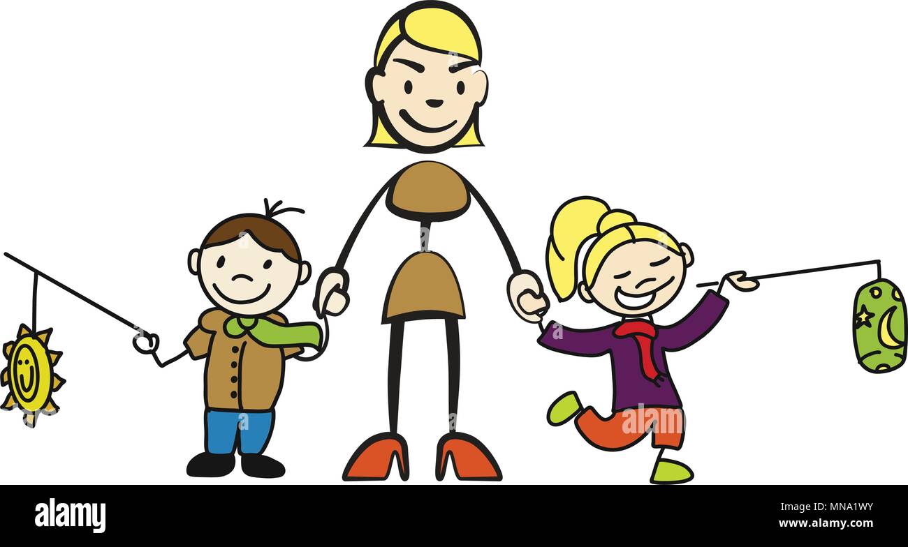 Children Stick Figures Holding Hands