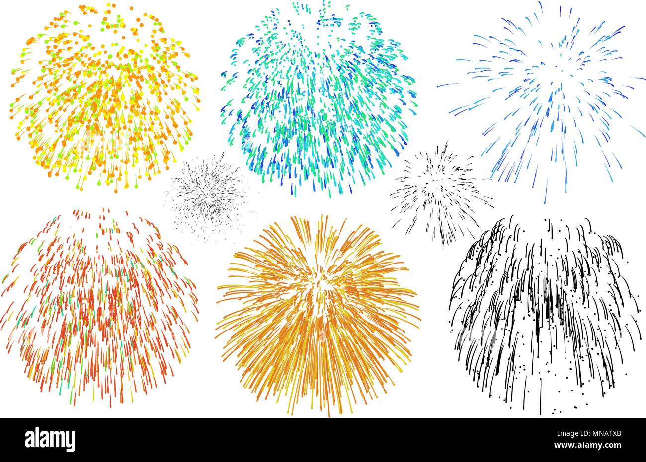 Fireworks various colors against white, vector drawing on white ...