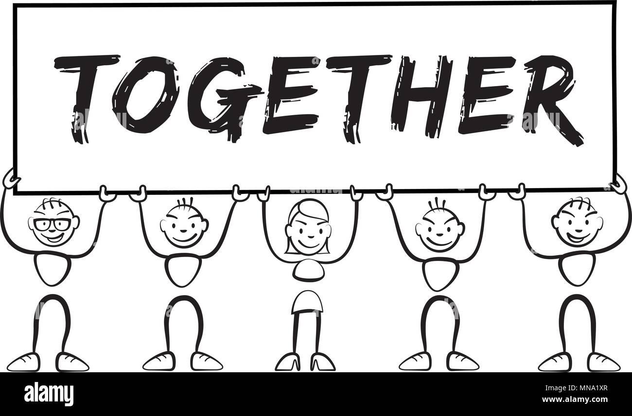 Stick figure holding sign with inscription Together, vector drawing on ...