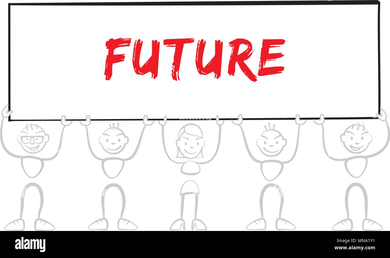 Stickman holding sign with inscription Future, vector drawing on white ...