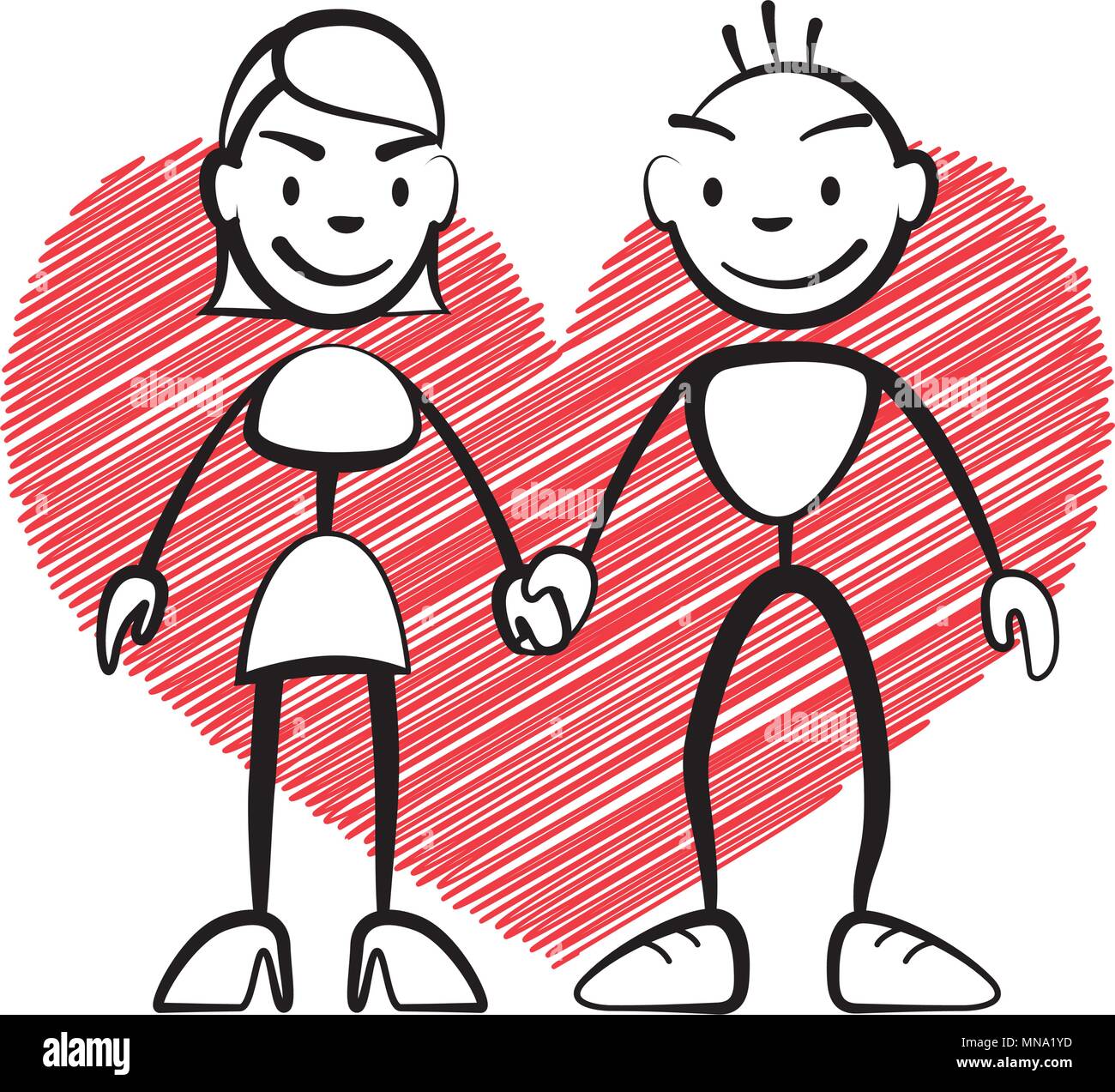 Stickman greeting card with sketched heart, vector drawing on coloured ...