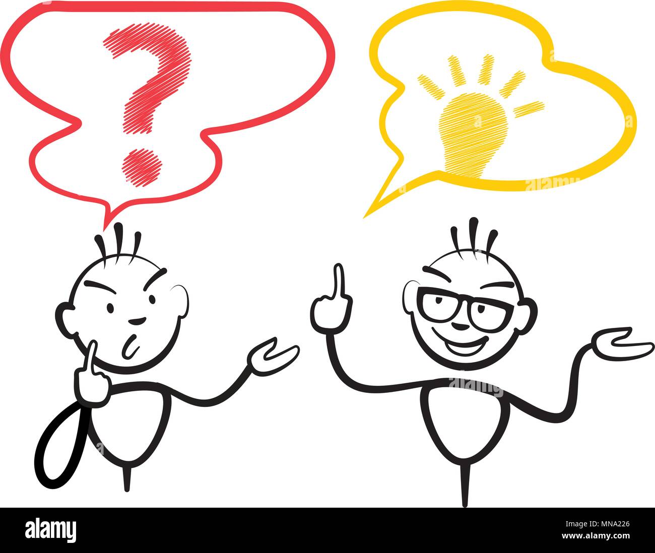 Stick figure question mark and idea, Stickman vector drawing on white ...