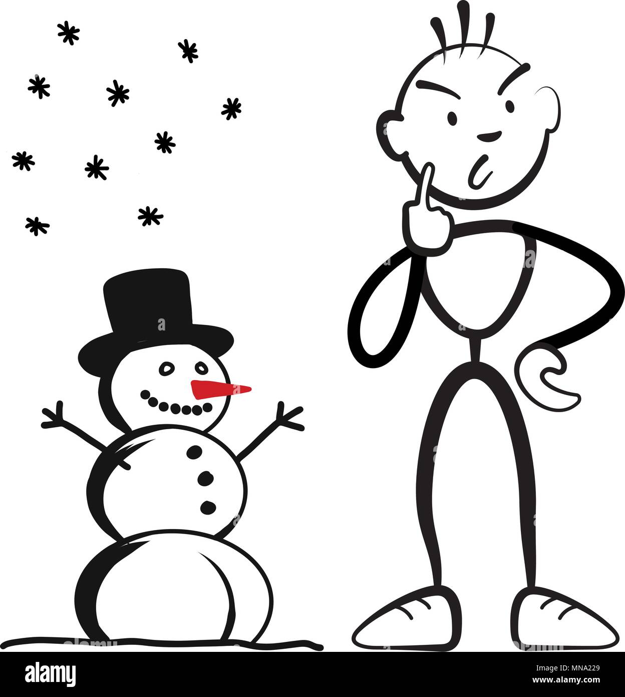 Stick figure man with snowman questioning, Stickman vector drawing on ...