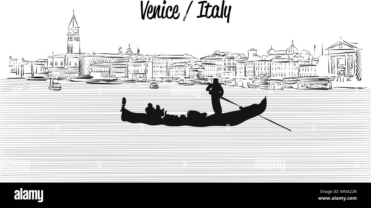 Venice skyline with Gondola, Hand drawn Vector Sketch, Outline ...