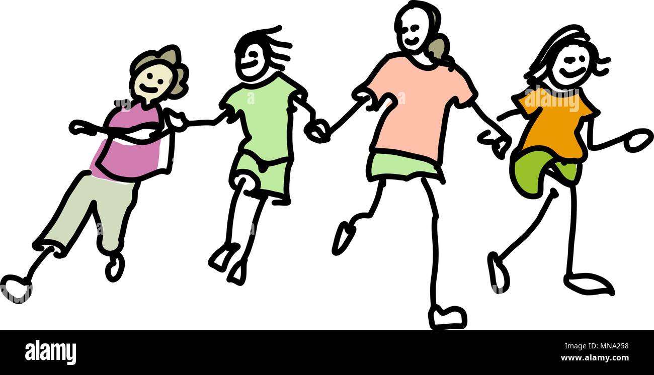 Colored Doodle Kids running together, Vector Sketched Outline Artwork ...
