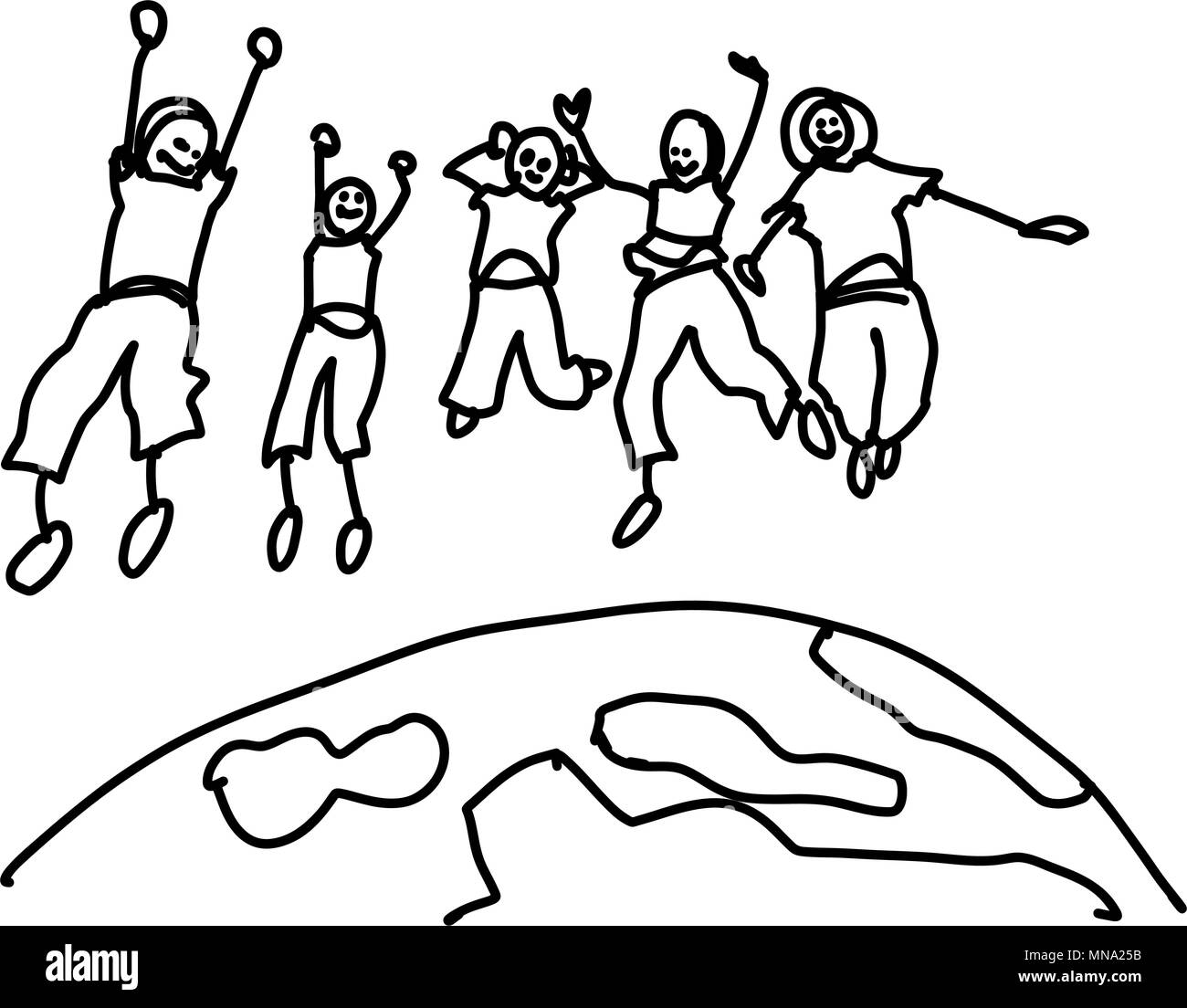 Sketched Doodle Kids Jumping over Earth, Vector Sketched Outline ...