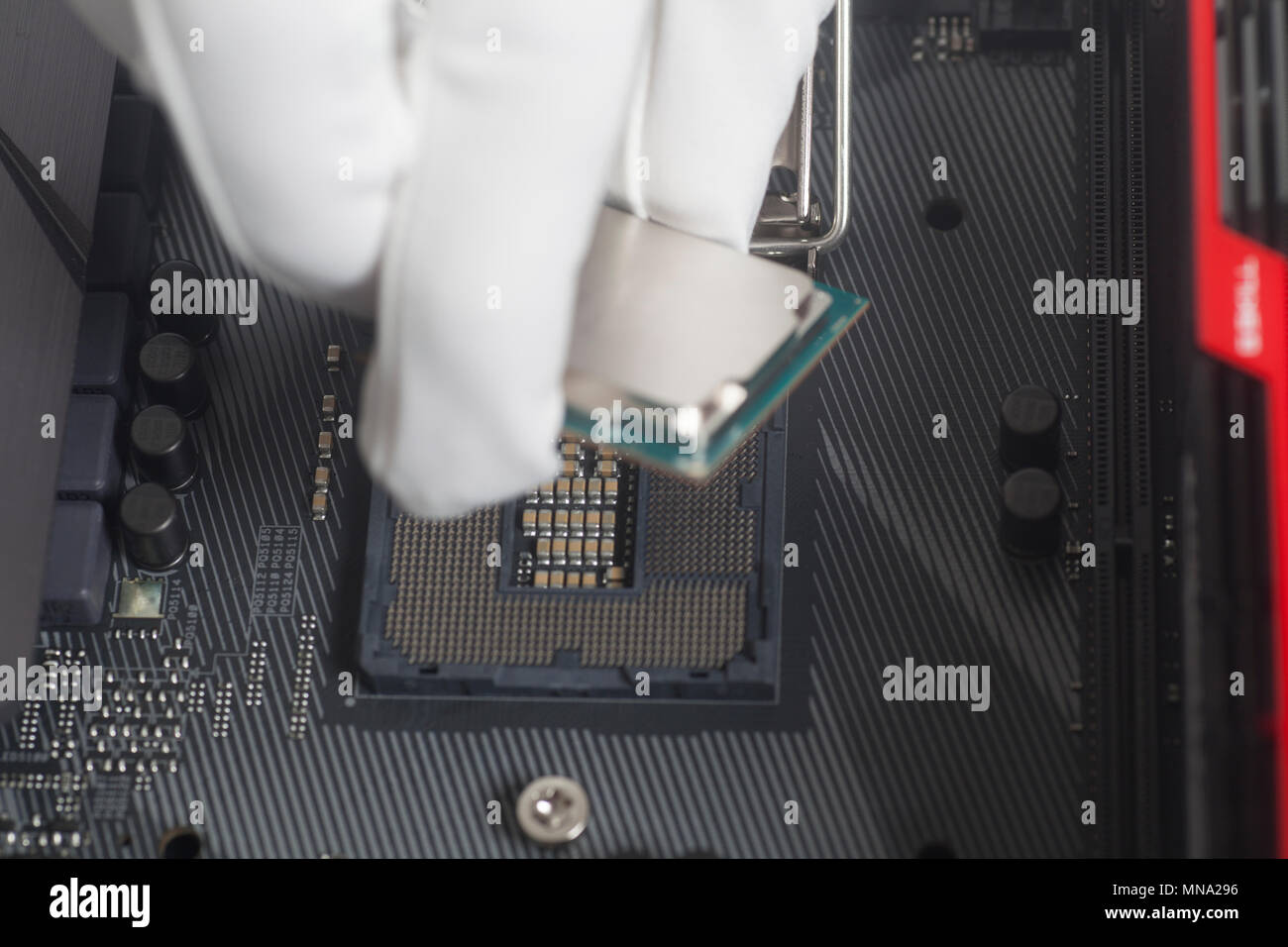 Computer technician wearing white gloves installing CPU into ...